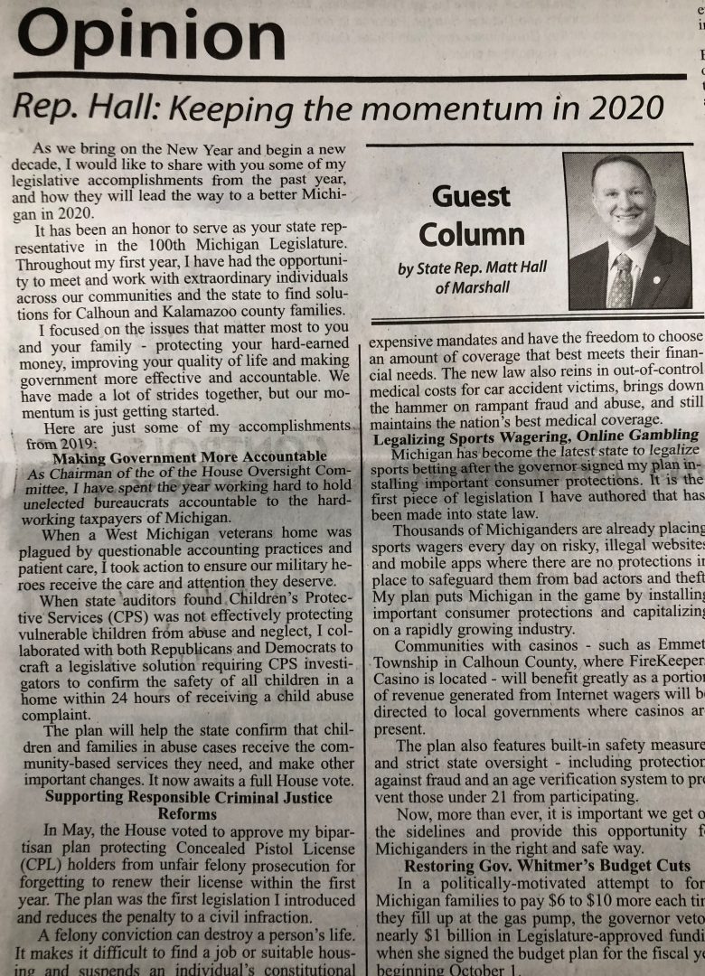 Rep. Hall: Keeping the momentum in 2020 - MI House Republicans