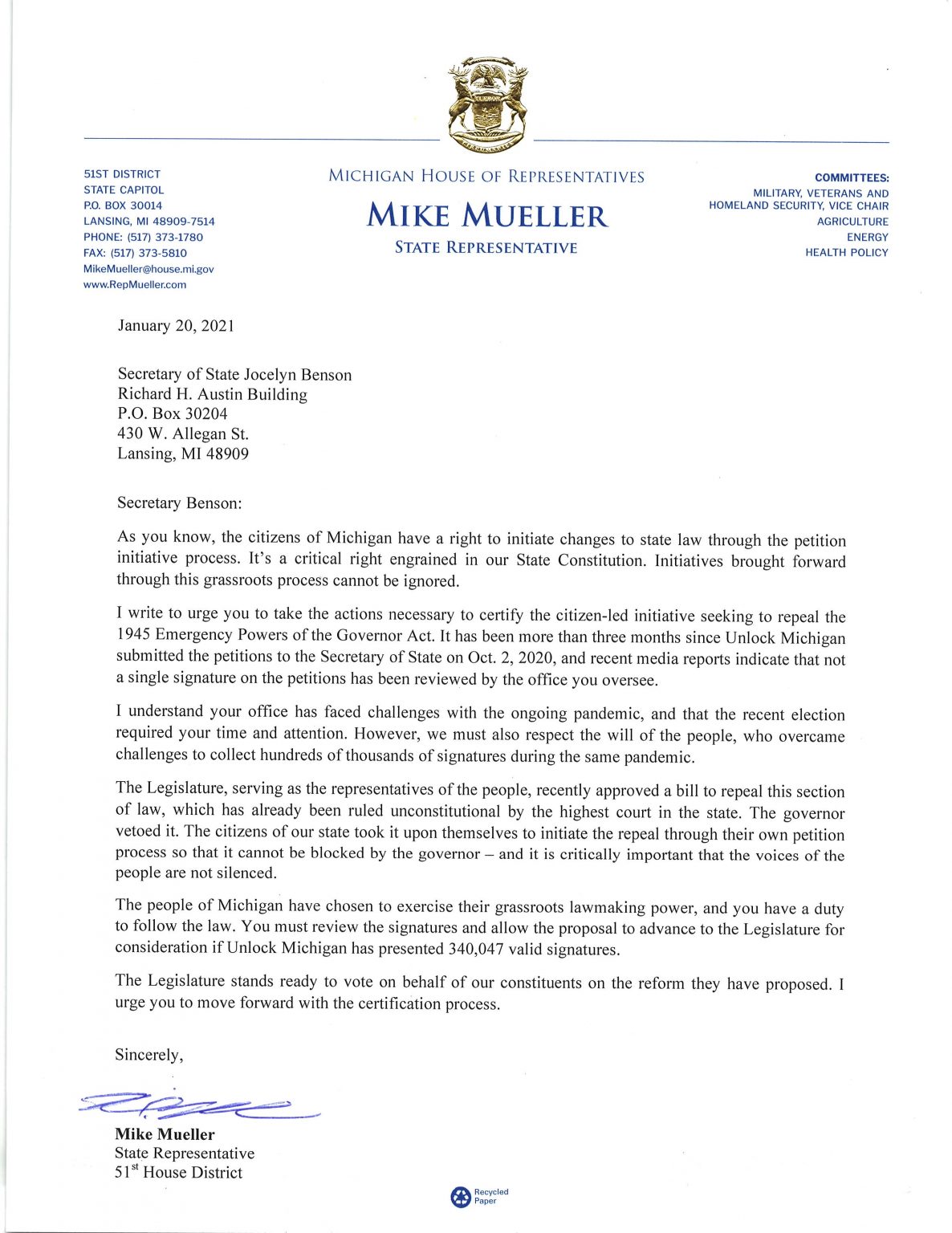Rep. Mueller urges Secretary of State to get to work on Unlock Michigan ...