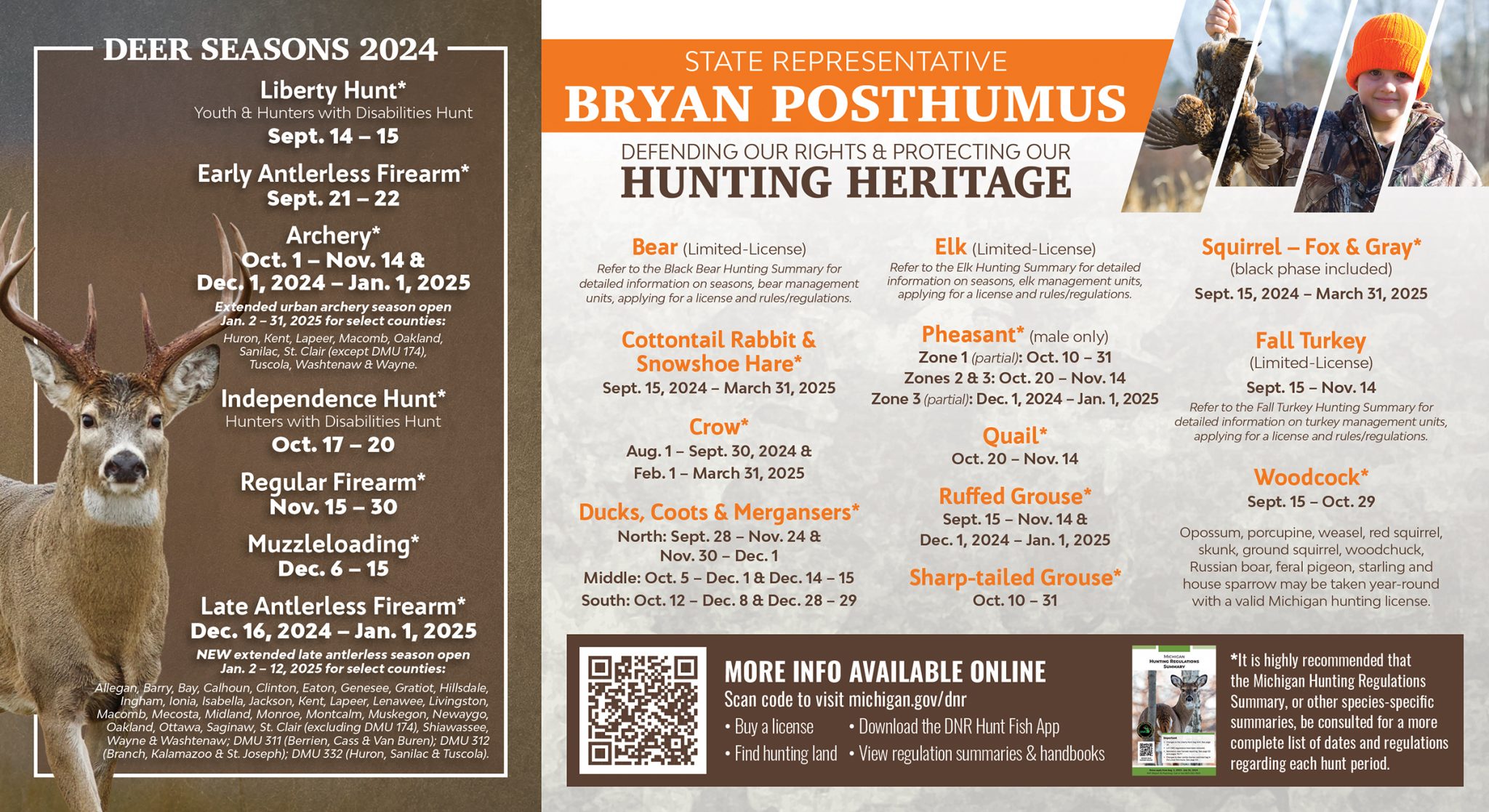 Rep. Bryan Posthumus provides 2024 hunting calendar - MI House Republicans